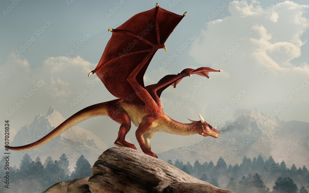 A huge red dragon is perched on a stone covered hill. Its wings spread ...