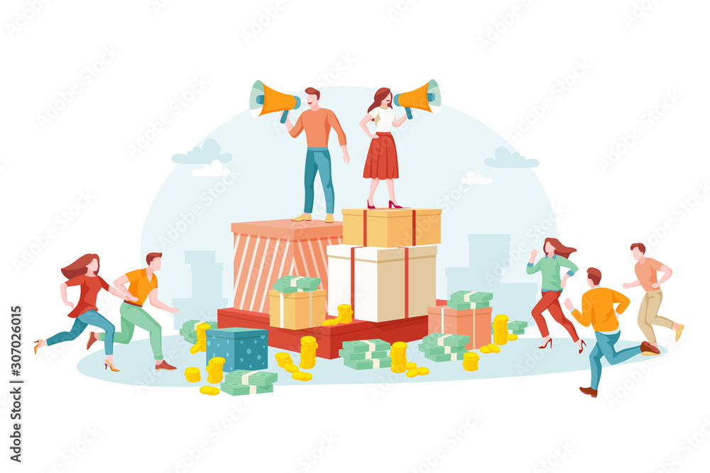 Refer friends vector illustration. Man and woman with loudspeakers ...