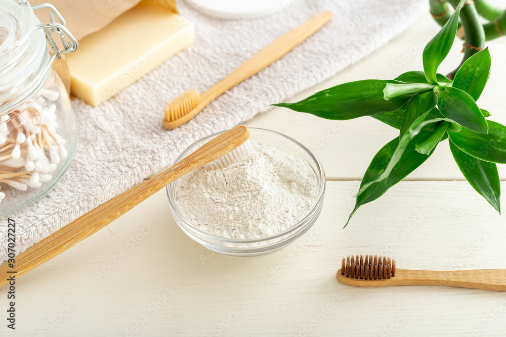Bamboo toothbrushes, dentifrice tooth powder on white background ...