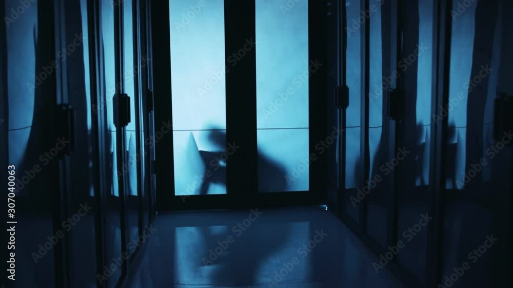 Walkthrough of data center digital room. Behind door anonymous hacker ...