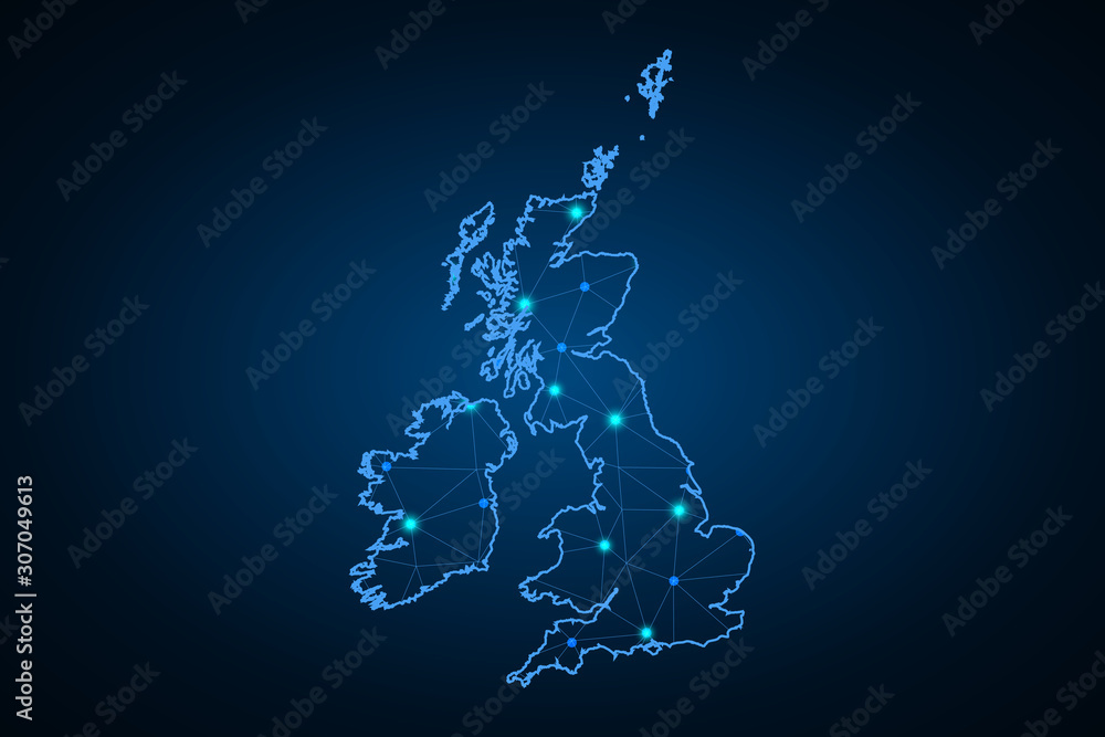 Map of United Kingdom. Wire frame 3D mesh polygonal network line ...