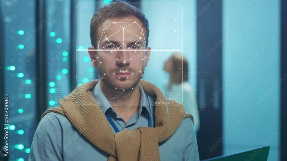 Future. Face Detection. Face ID. Biometric 3D Data Identification of IT Server Engineer Working ...