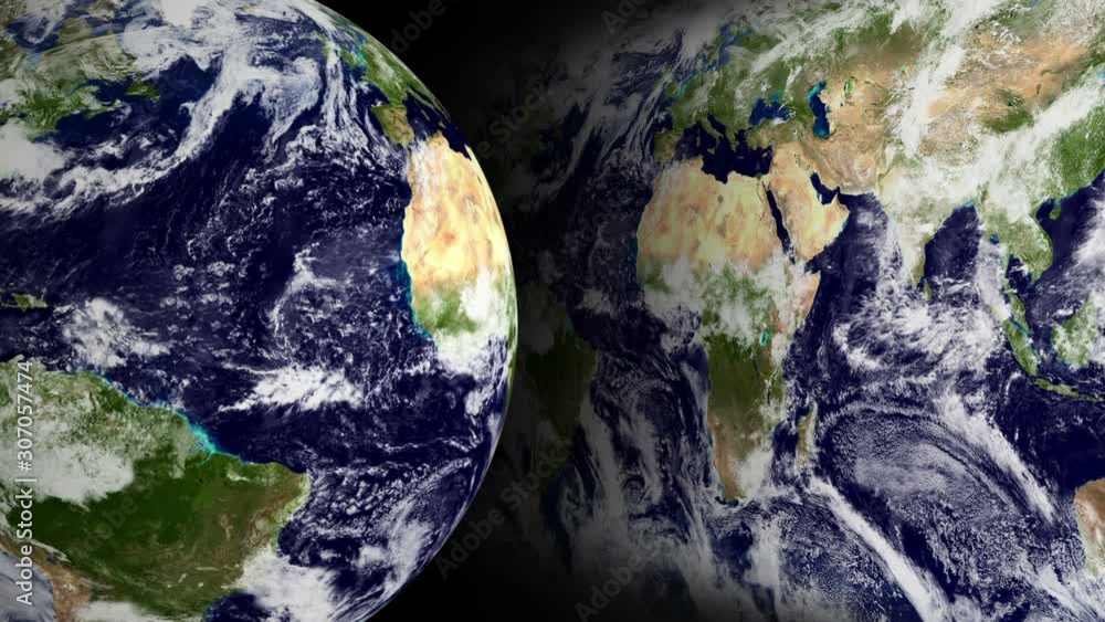 The planet earth globe rotates as a blue marble in space mirrored by a ...