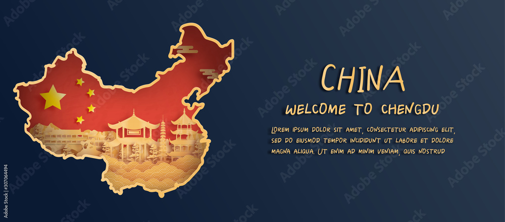 China flag and map with Chengdu skyline, world famous landmarks in ...