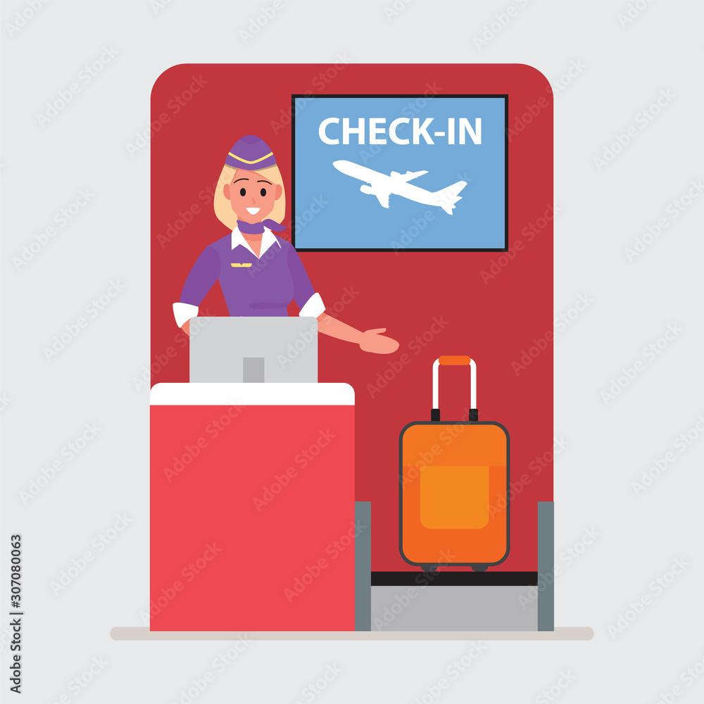international airport check-in desk with airline representatives.Vector ...