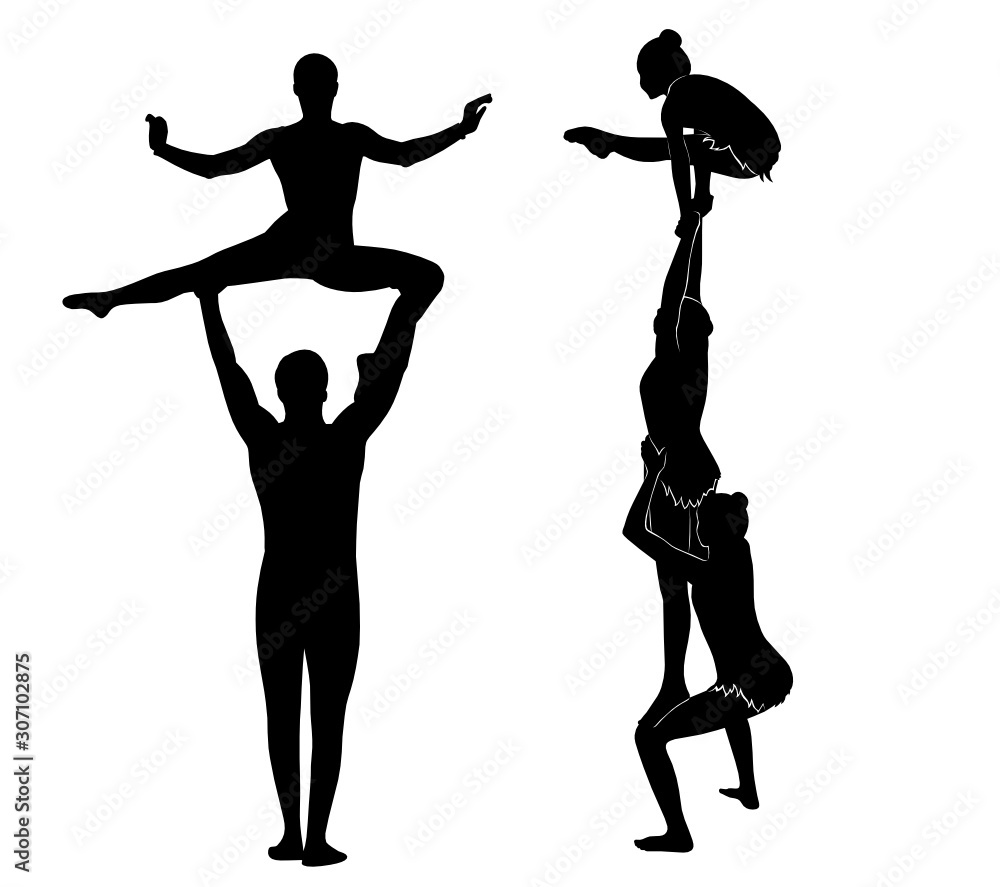 acrobatic stunt. Gymnasts acrobats vector black silhouette. Gymnasts ...