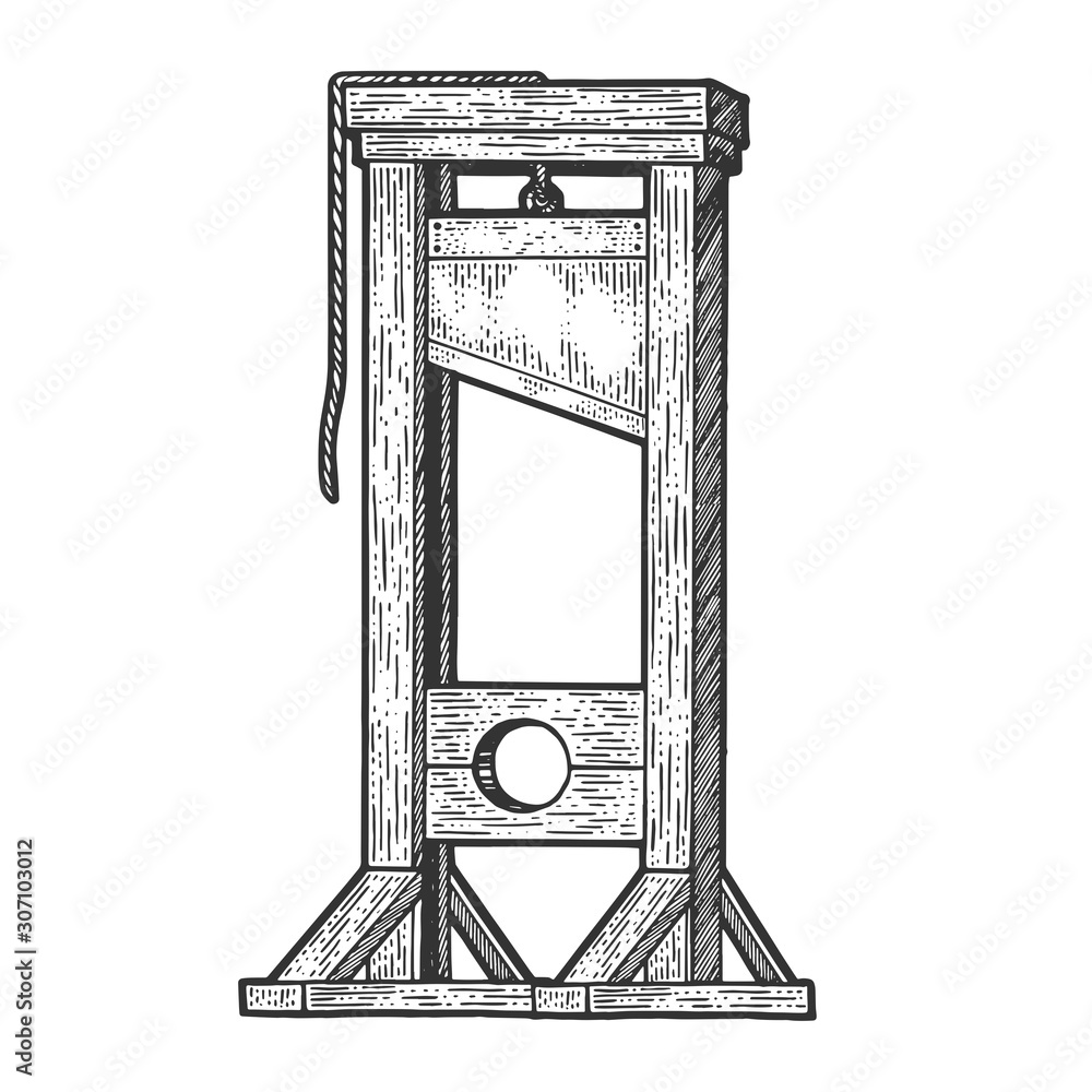 Guillotine medieval execution sketch engraving vector illustration. T ...
