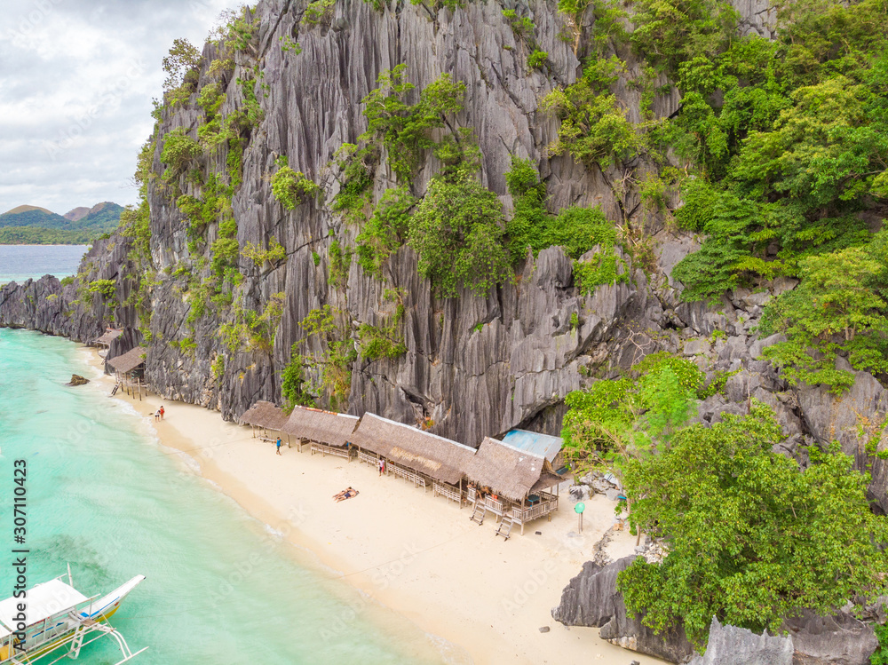 Aerial view of Banol Beach on paradise island, Coron, Palawan ...