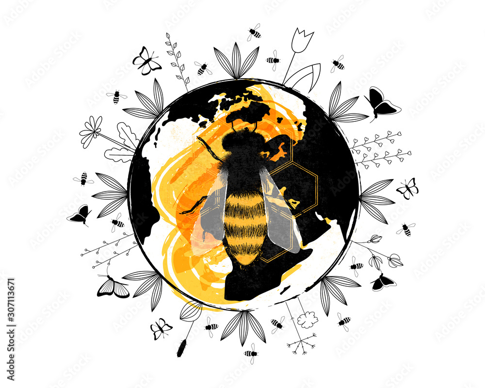 Planet Earth with flowers, butterflies and bees around and big honey ...