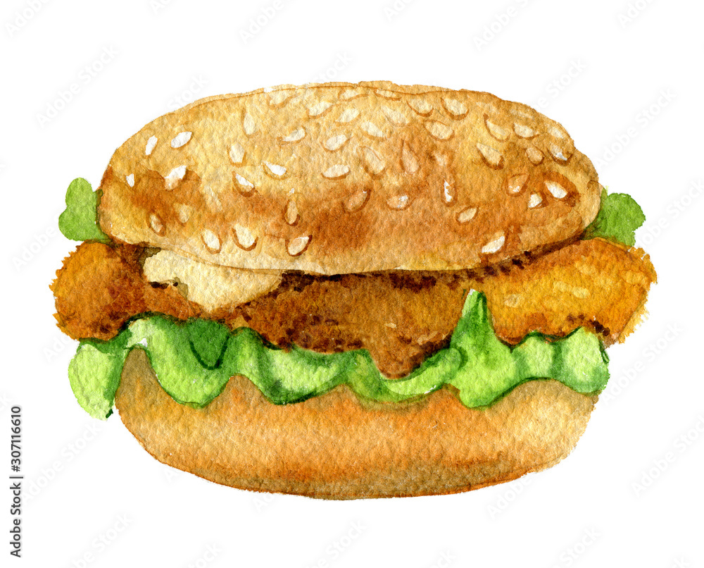 Classic chicken burger, isolated on white background, watercolor ...