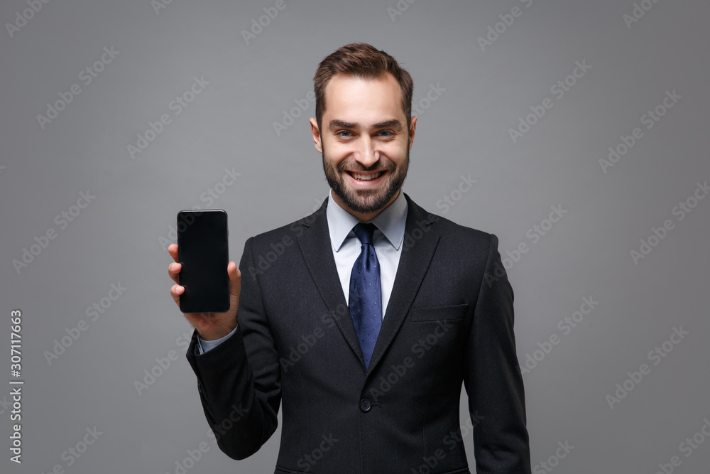 Smiling young business man in classic suit shirt tie posing isolated on ...