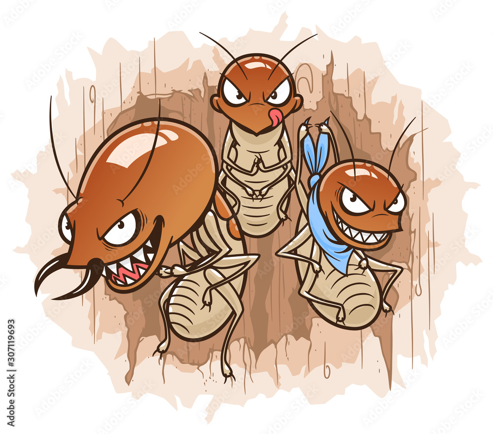 Cartoon termites on the damaged wood background Stock Vector | Adobe Stock