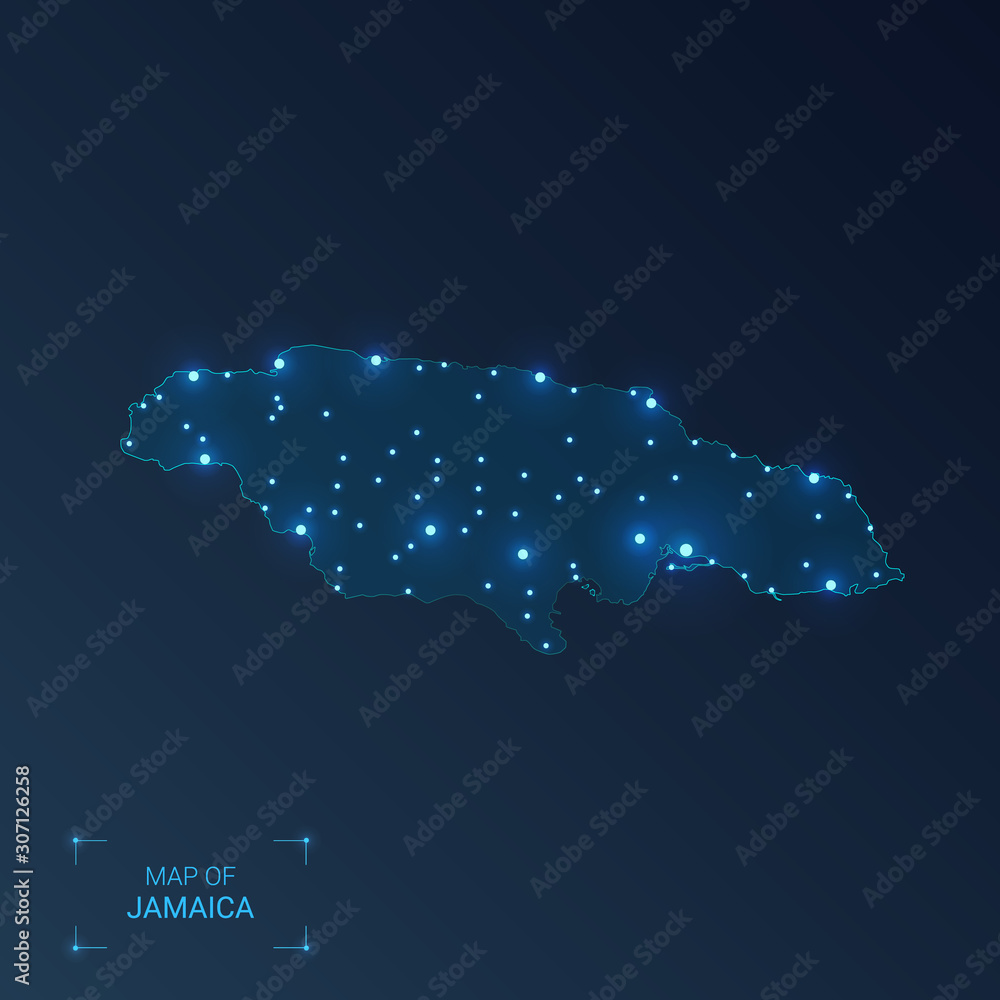 Jamaica map with cities. Luminous dots - neon lights on dark background ...