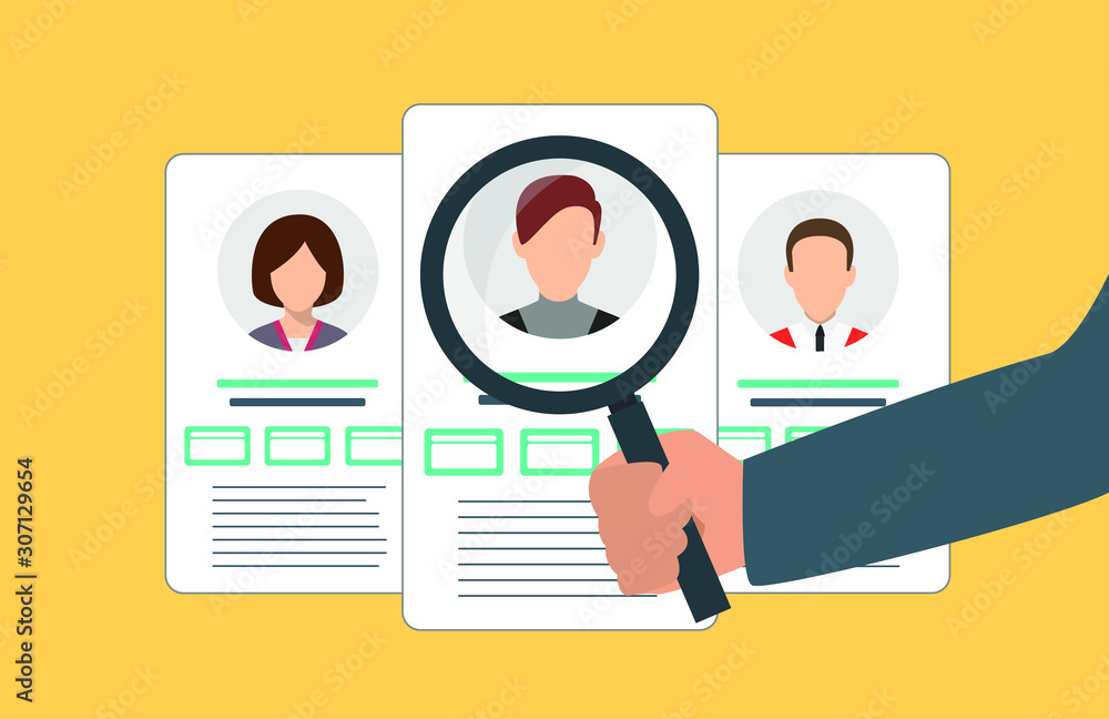 Searching profiles concept with different accounts and magnifying glass ...