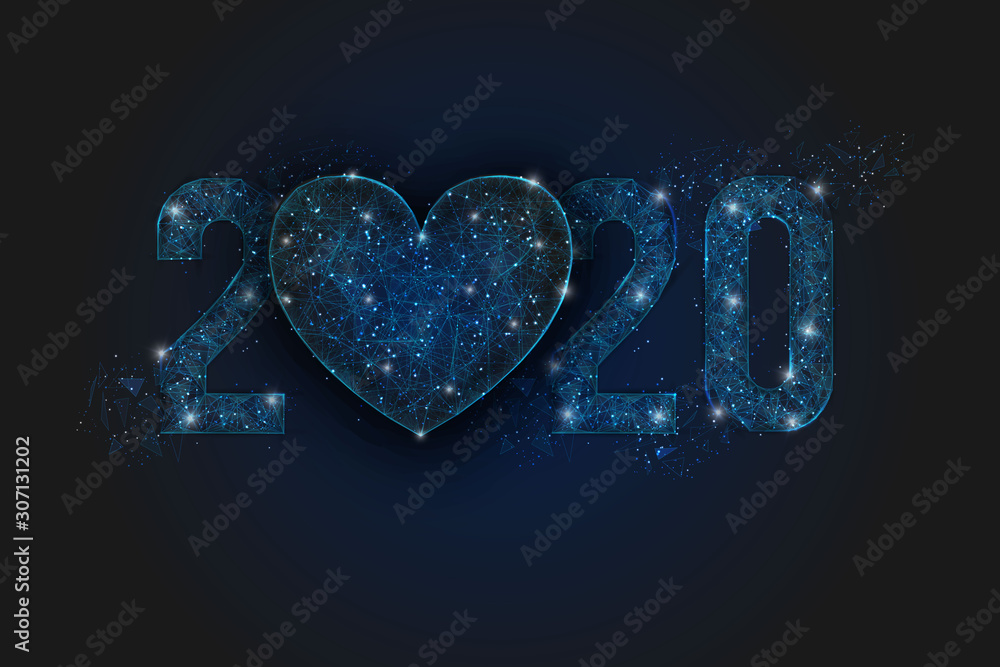 Abstract isolated blue image of new year number 2020. Polygonal low ...