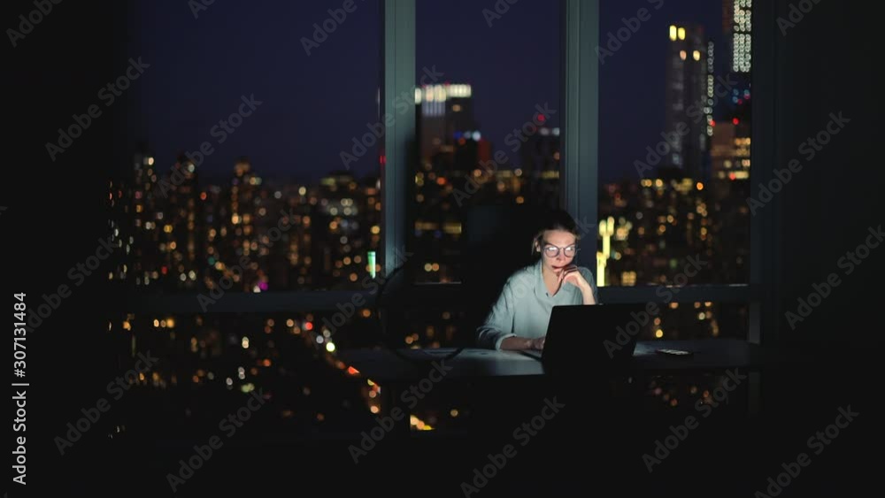 Tired professional manager finishing deadline job with project sitting ...
