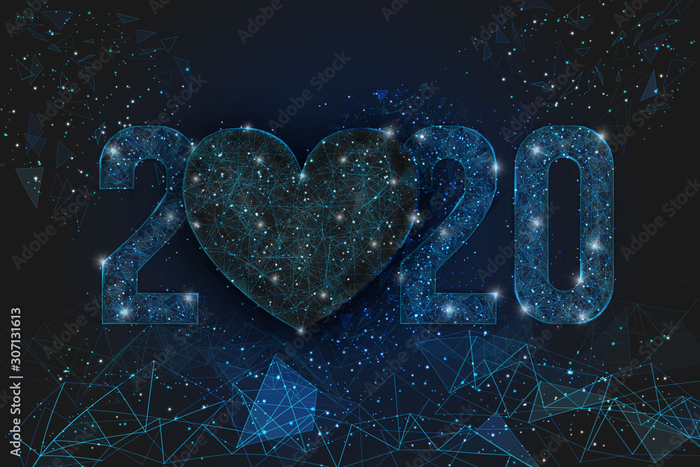 Abstract isolated blue image of new year number 2020. Polygonal low ...