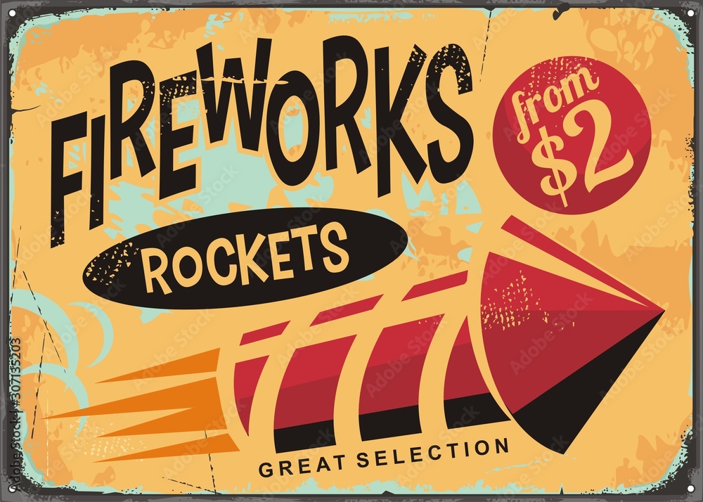 Fireworks shop sign with rocket and sparkles. Vintage festive sign on ...