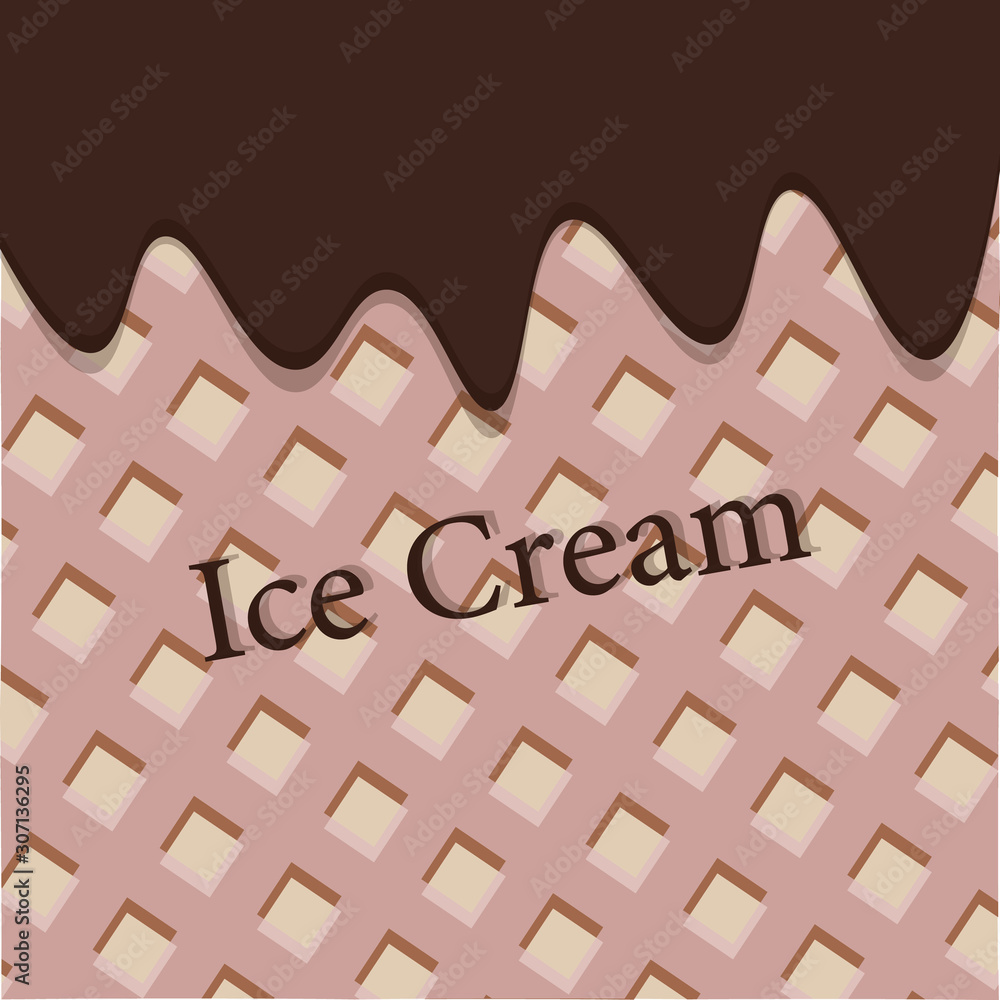 Chocolate Ice Cream Flowing Over Waffle Texture Background Vector