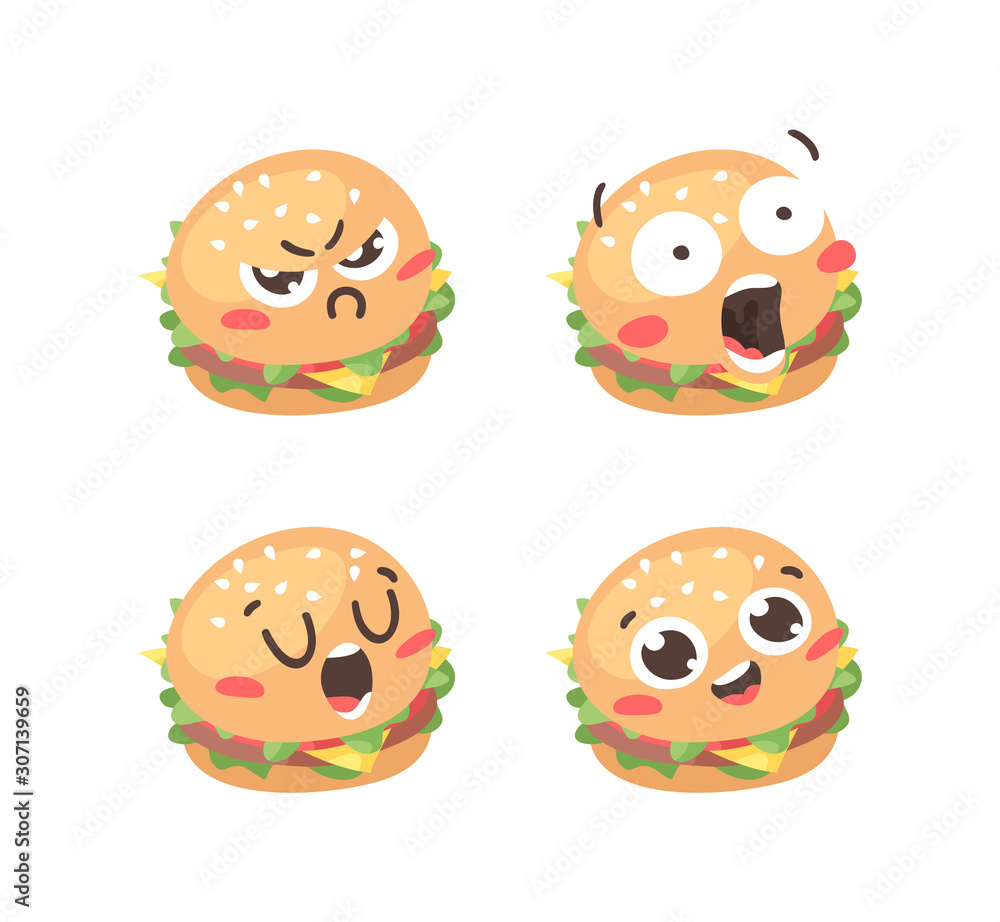 Cartoon drawing set of fast food emoji. Hand drawn emotional meal ...