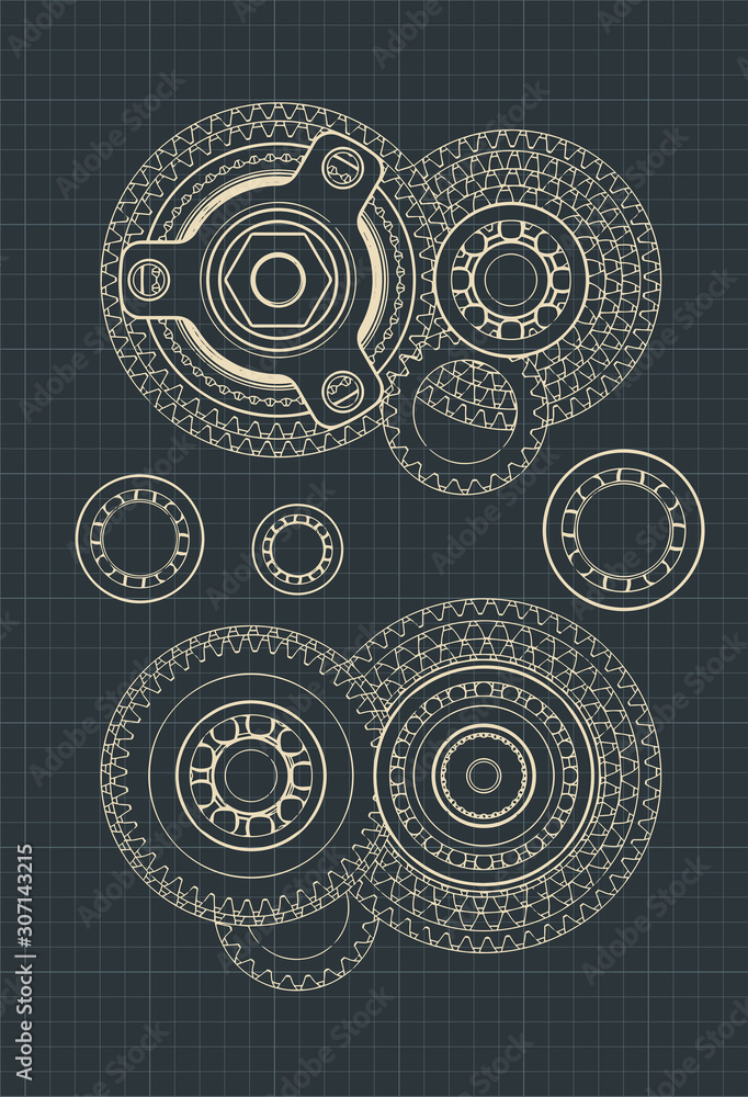 Gears and Transmissions drawings Stock Vector | Adobe Stock