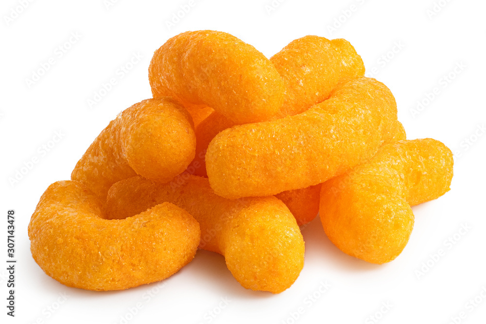Pile of extruded cheese puffs isolated on white. Stock Photo | Adobe Stock