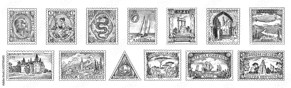 Vintage Postage stamps set. Ancient landscapes, dragon and sailing ship ...