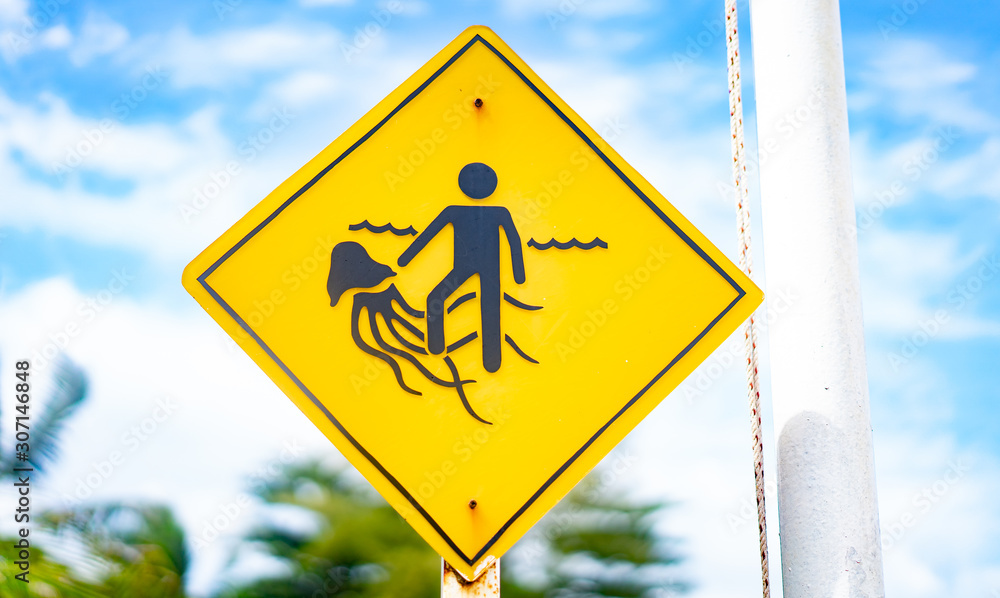 A yellow and black warning sign for dangerous marine stingers or ...