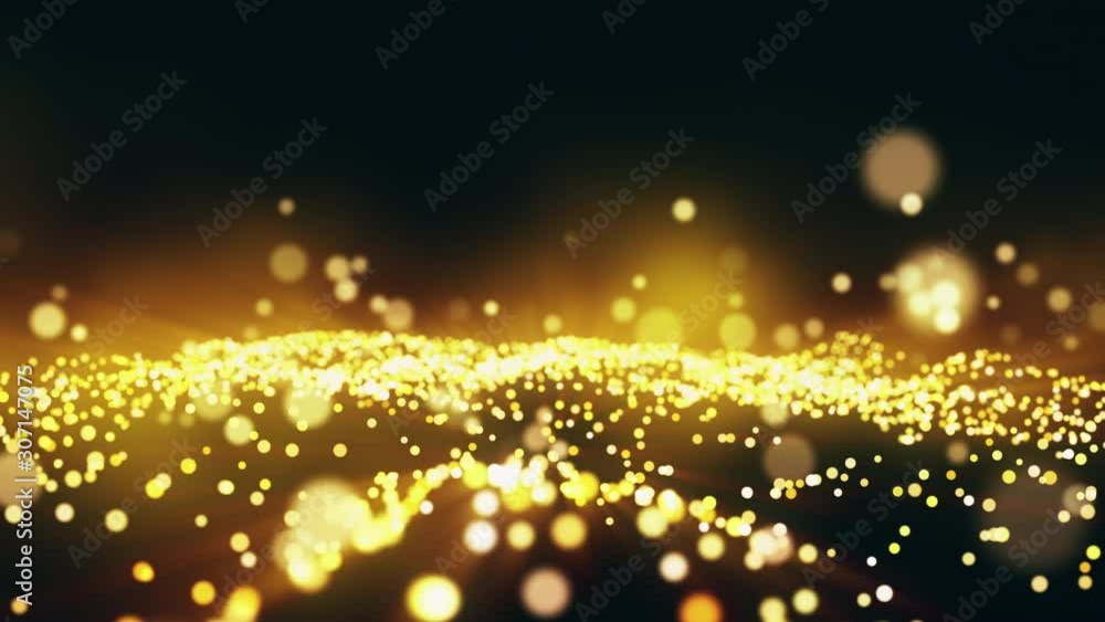 Abstract festive motion background with shining gold particles seamless loop. Christmas 3D ...