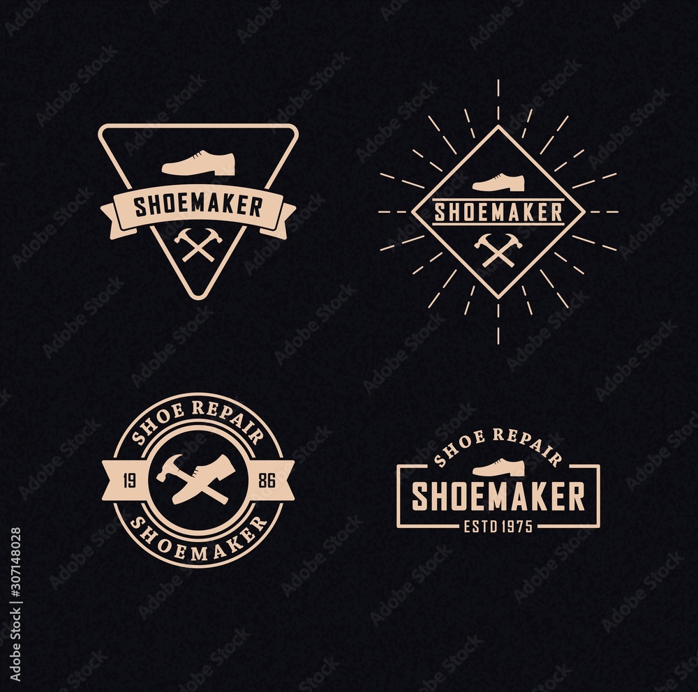 Set of color cobbler logos. Vector illustration of shoes, hammer and ...