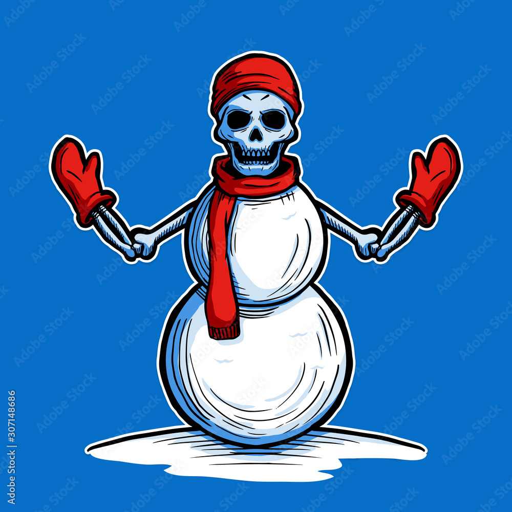 skull head snowman with bone twigs wearing beanie hat and scarf and ...