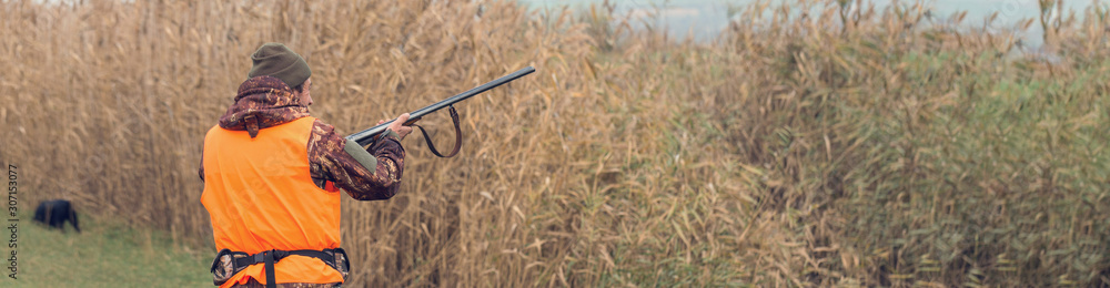 Hunting period, autumn season open. A hunter with a gun in his hands in ...