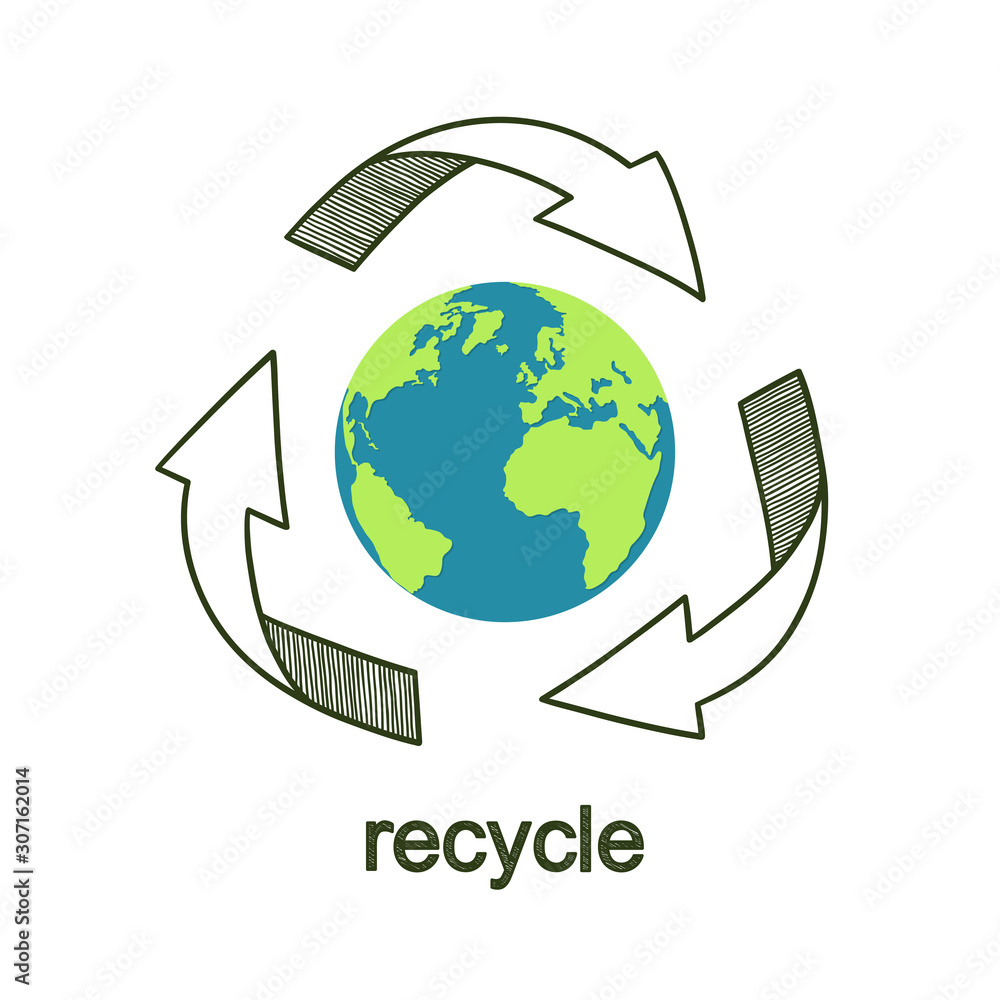 Earth globe with hand drawn recycle symbol. Waste reducing and ...