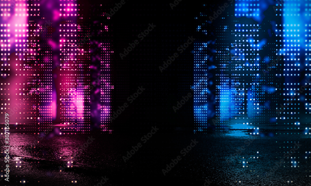 Empty night street scene. Dark street reflection of neon lights on wet ...