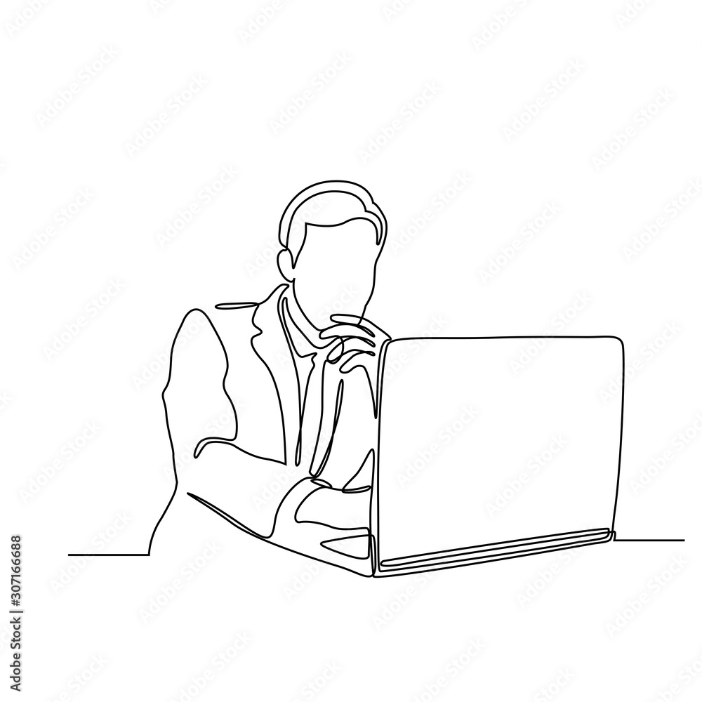 continuous line drawing of business man with laptop vector illustration ...