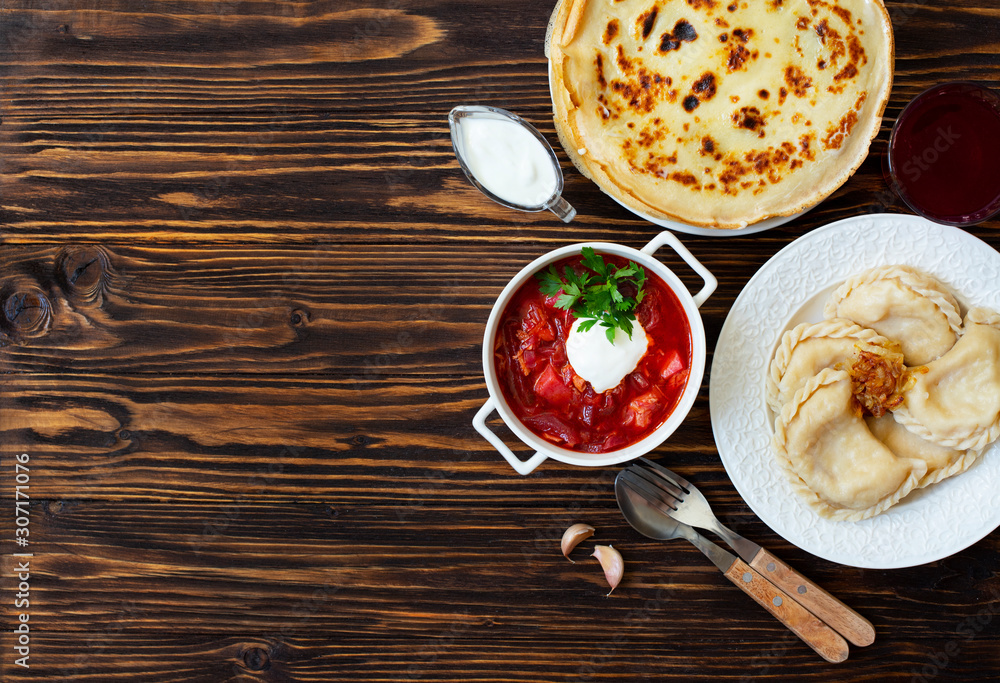 The concept of Eastern European national cuisine. Ukrainian, Russian ...