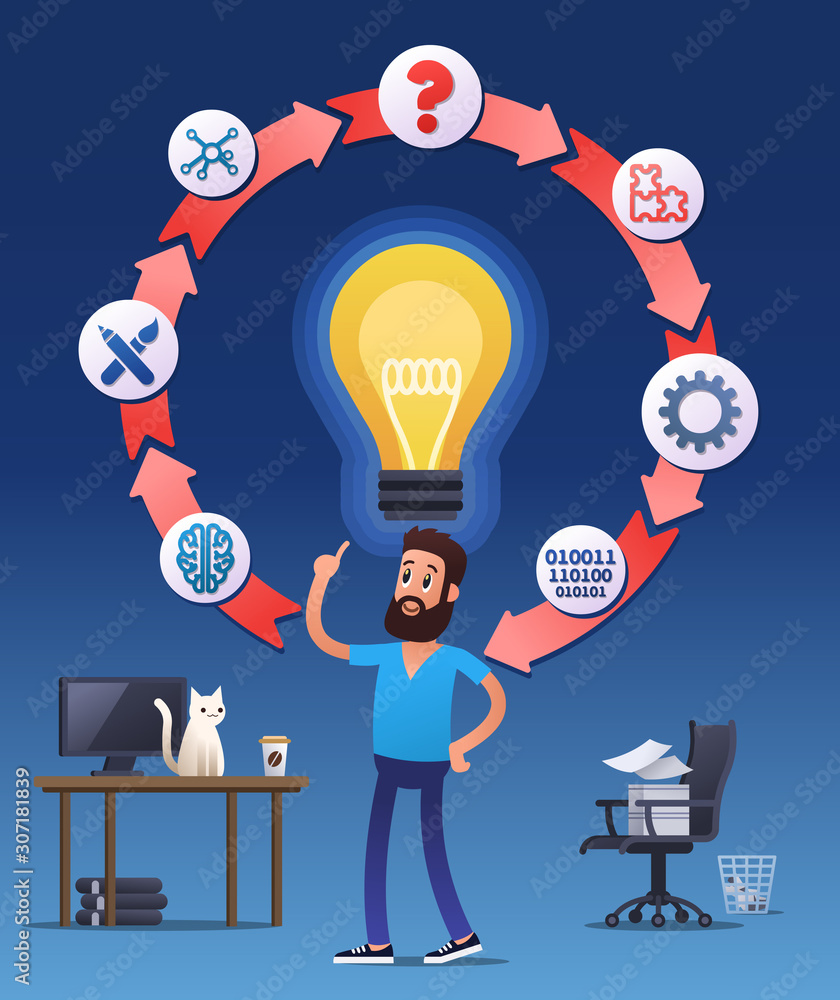 Man with an inspirational new idea showing his thought process in a ...