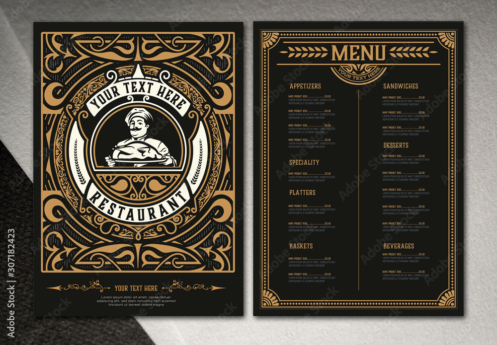 Restaurant Menu Layout with Ornamental Elements Stock Template | Adobe ...