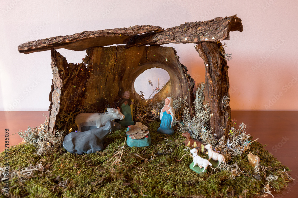 handcrafted nativity scene made with bark, straw and santons Stock ...