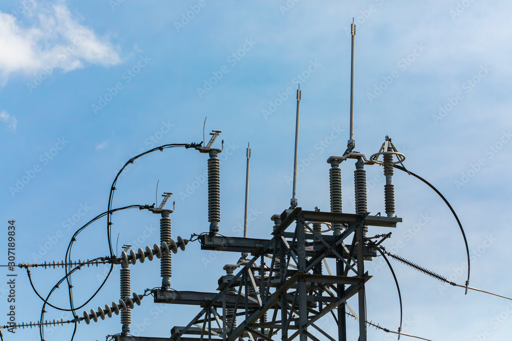 high voltage electrical substation tower top, close up, open electrical ...