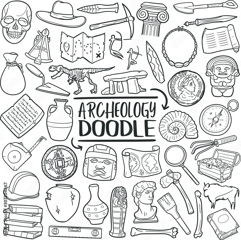 Archeology Explorer. Discover Ancient Objects. Traditional Doodle Icons ... Archeology Explorer. Discover Ancient Objects. Traditional Doodle Icons ...