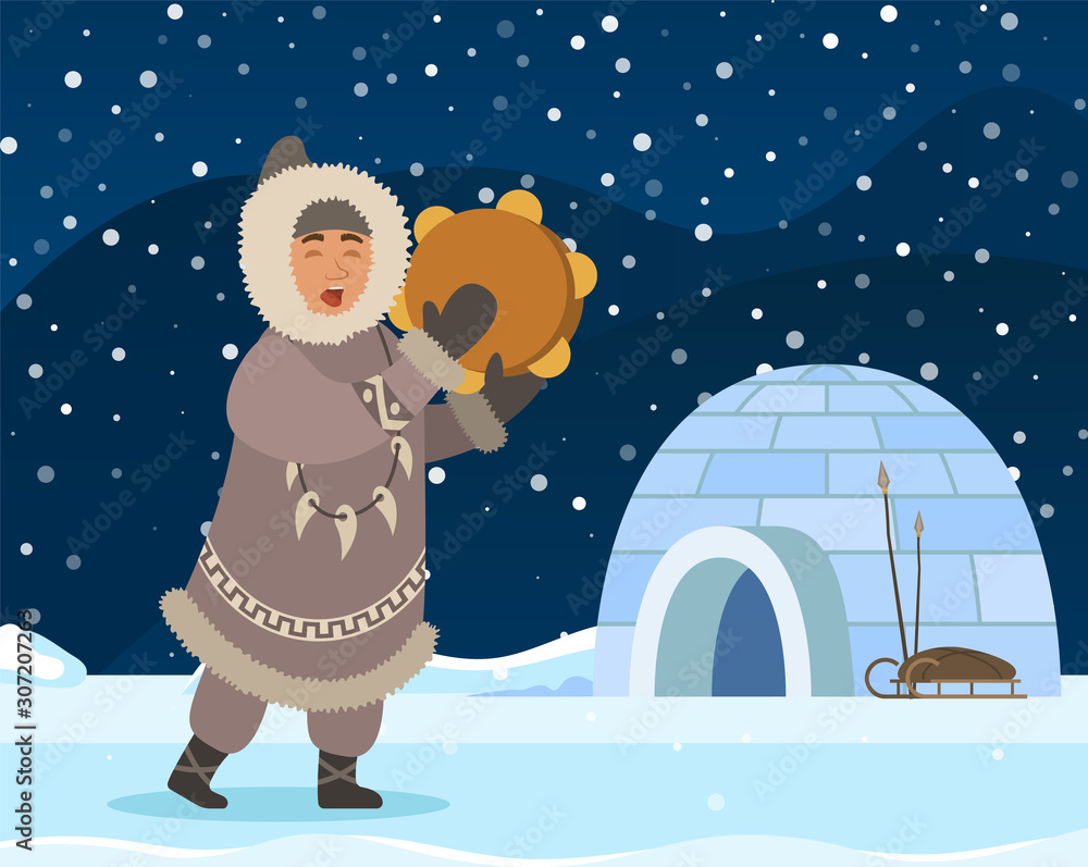 Eskimo man stand near shelter igloo. Indigenous north person in warm ...