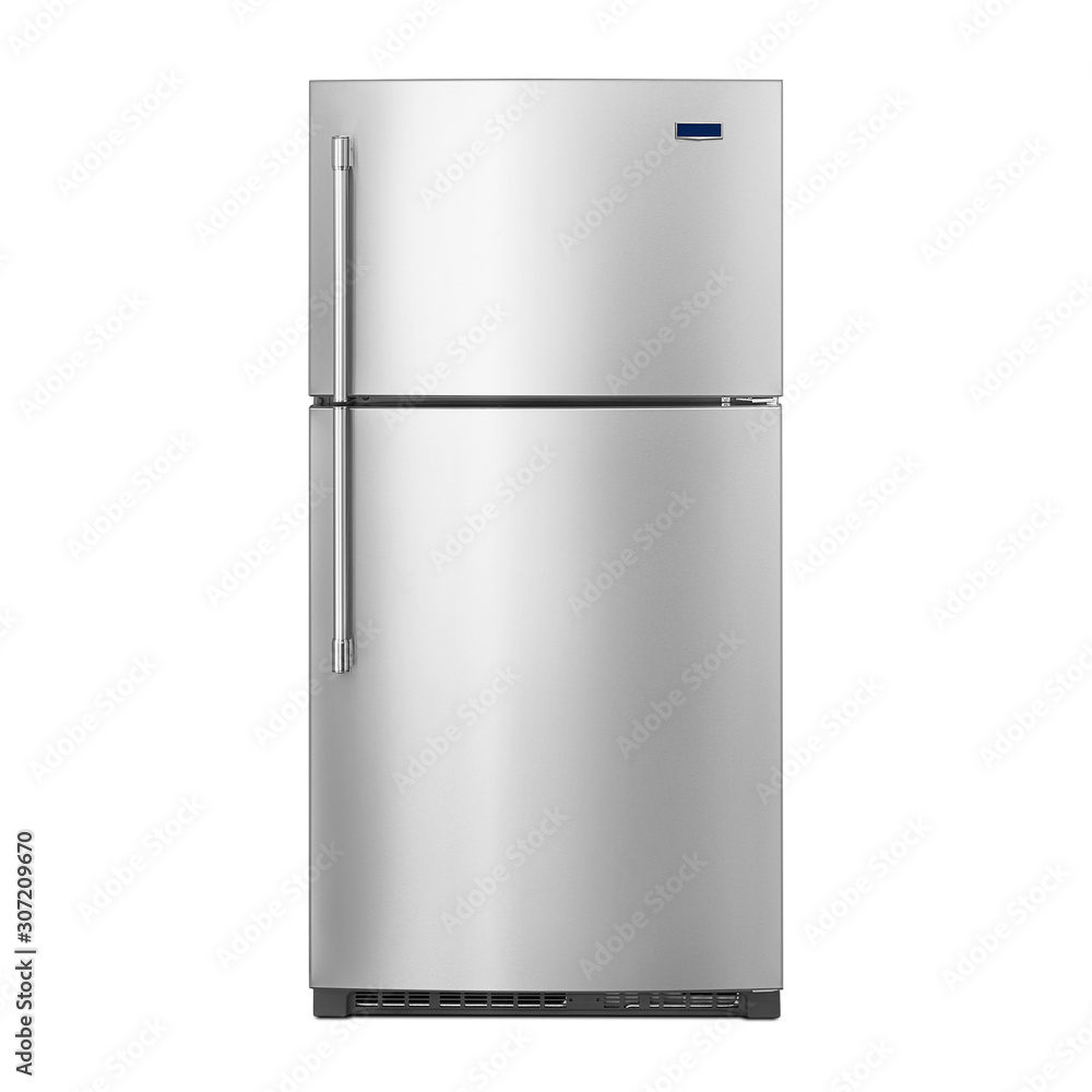 Top Mount Fridge Isolated on White Background. Front View of Stainless ...