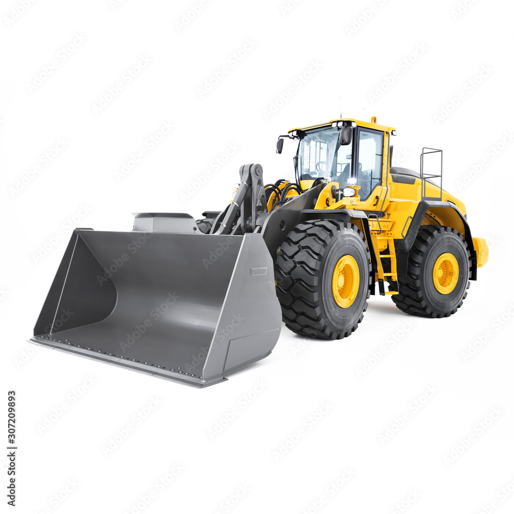 Wheel Loader Isolated on White. Yellow Front Loader. Loading Shovel ...