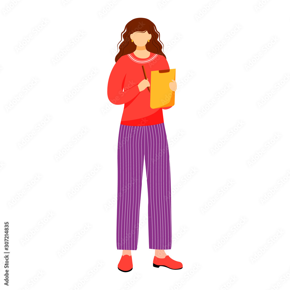 Girl with clipboard and pen flat vector illustration. Writing down ...