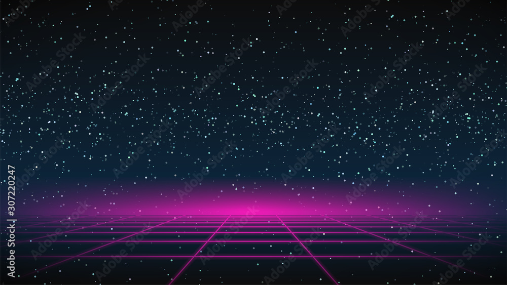 Synthwave grid Background. 80s Retro Future backdrop. Pink perspective grid on dark starry sky ...