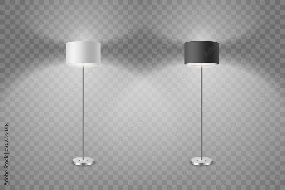Vector Realistic White and Black Illuminated Lamp Set Isolated on Transparent Background. Floor ...