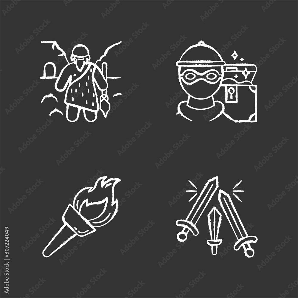 Archeology chalk icons set. Prehistoric man. Caveman. Marauding ...