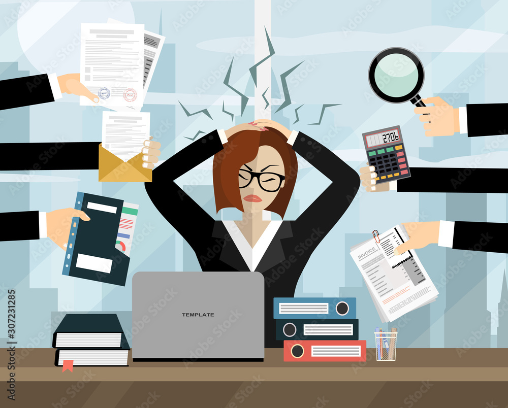 Stress at work concept flat illustration. Stressed out women in suit ...