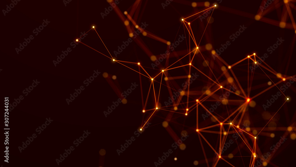 Digital network connection. Abstract connection of dots and lines. Technology background. Golden ...